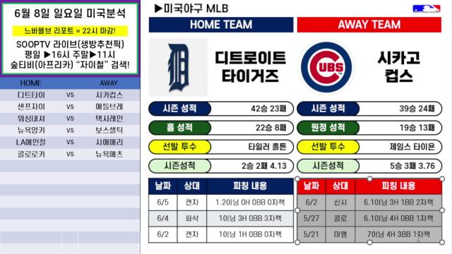 [MLB] 6월 8일 일요일 추천경기 분석 | SOOP VOD