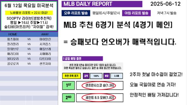 [MLB] 6월 12일 목요일 추천 6경기 분석 | SOOP VOD