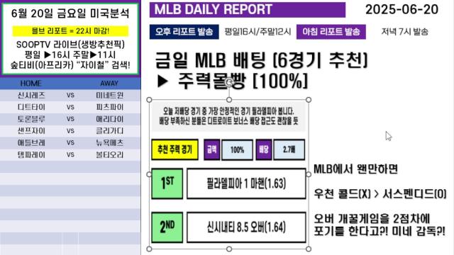 [MLB] 6월 20일 금요일 추천 경기 분석 | SOOP VOD