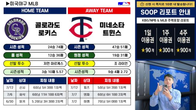 [MLB] 7월 21일 월요일 추천 경기 분석 | SOOP VOD
